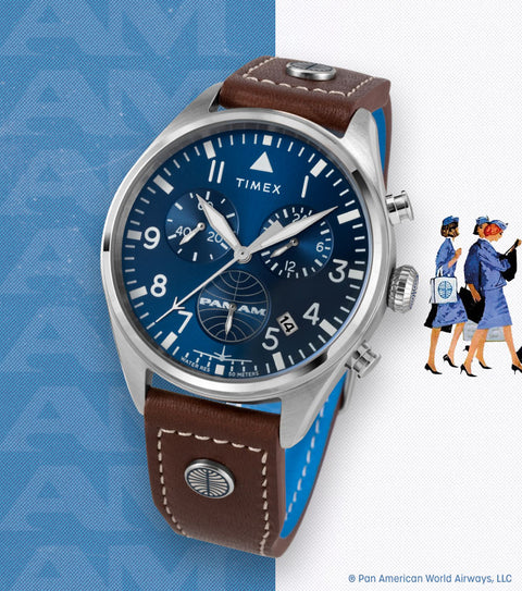 Timex X Pan Am Chronograph 42mm Leather Strap Watch - TWG030000 | Timex US