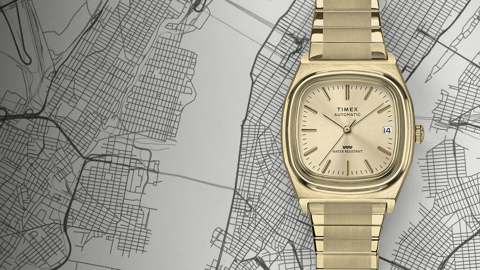 Timex® Automatic 1983 E Line Reissue 34mm Gold-Tone Expansion Band Wat ...